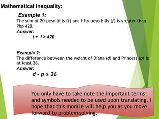 G7 Math Q2-Week 3- Translating Math Phrase to English.pptx | Physics ...