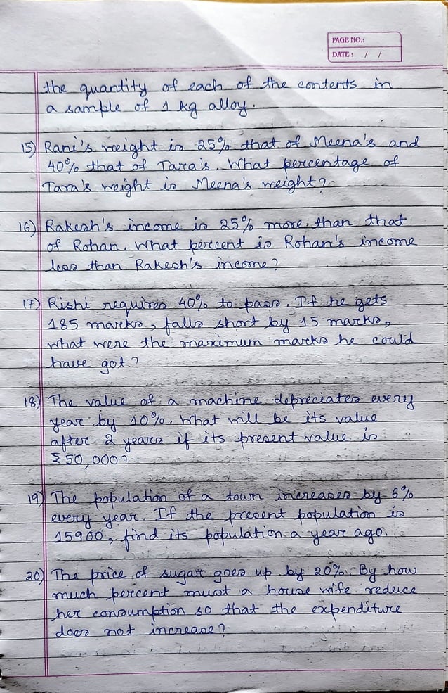 CBSE Grade 8 Mathematics Comparing Quantities Percentage Worksheet (RDS ...