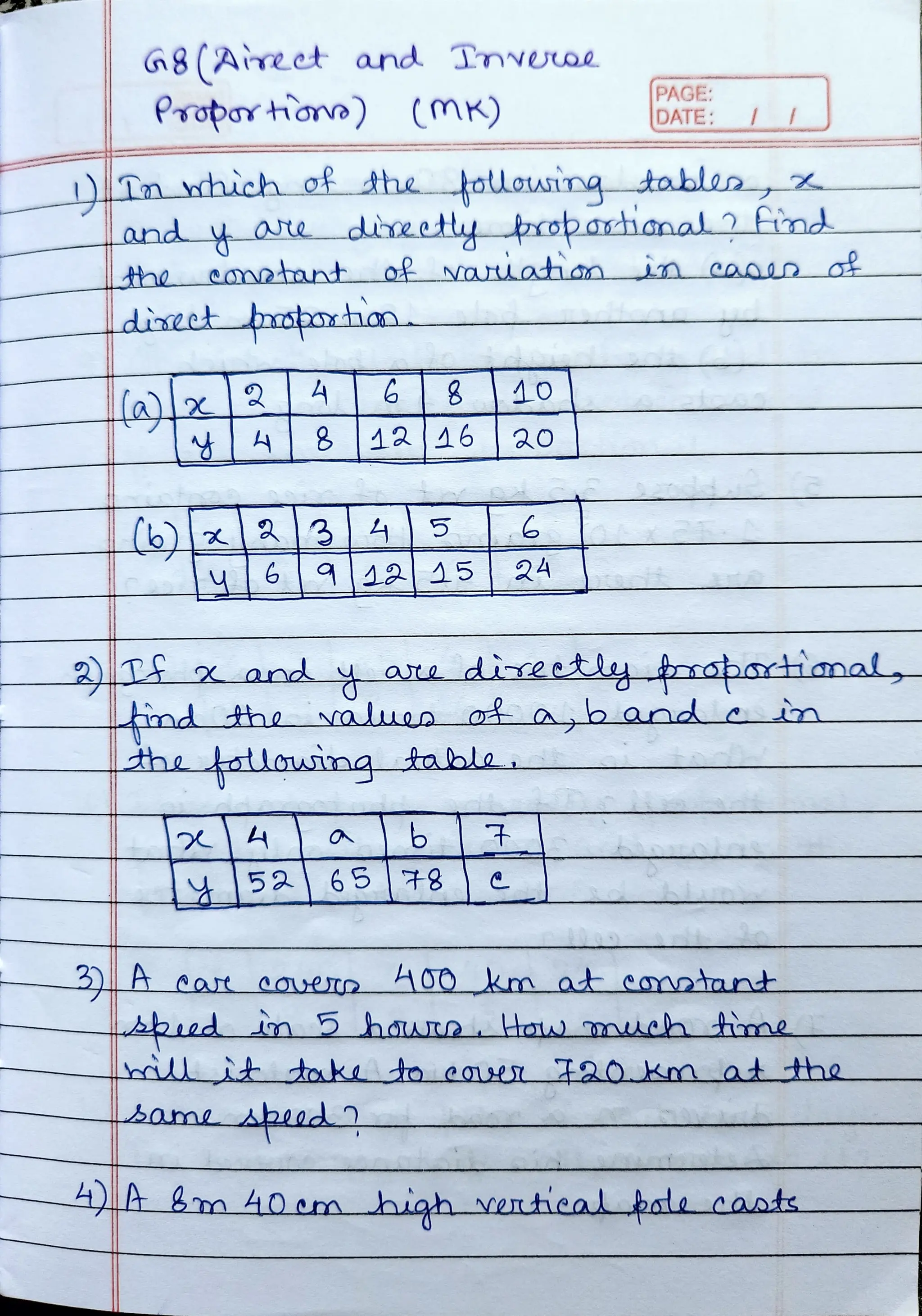 CBSE Grade 8 Mathematics Direct and Inverse Proportions Worksheet (MK) | PDF