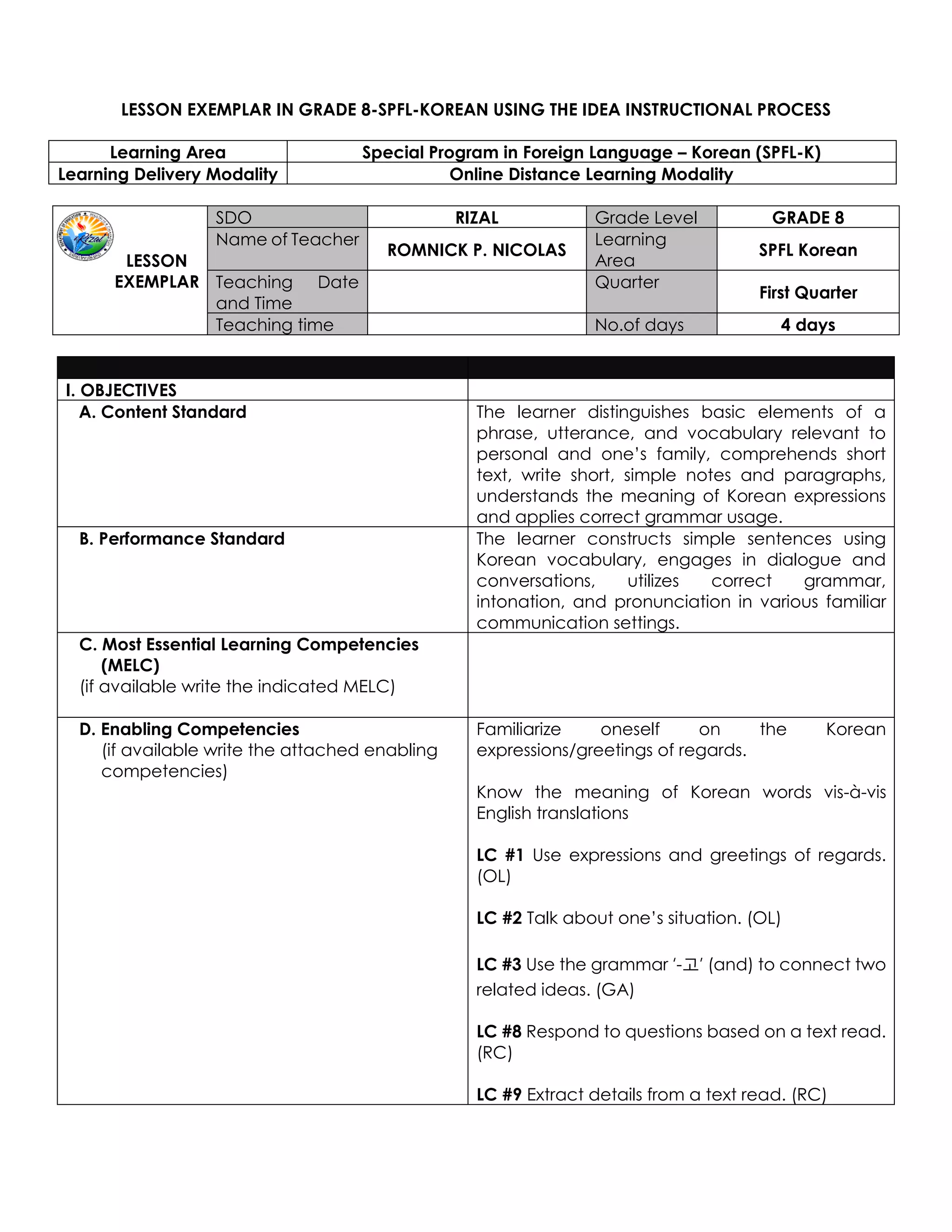 G8 spflk lesson exemplar week 1 | PDF