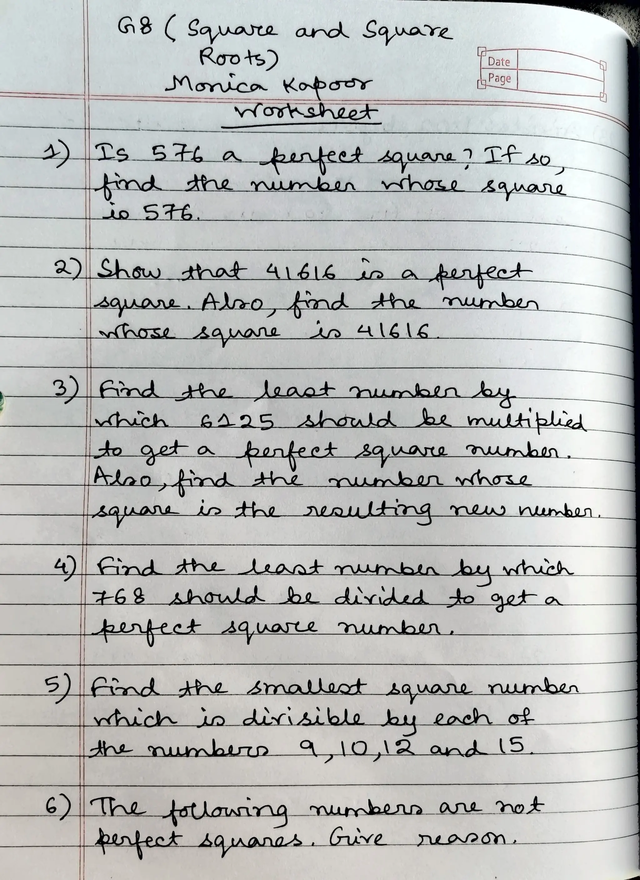 Grade 8 - CBSE - Square and Square Roots - Worksheet (MK) | PDF