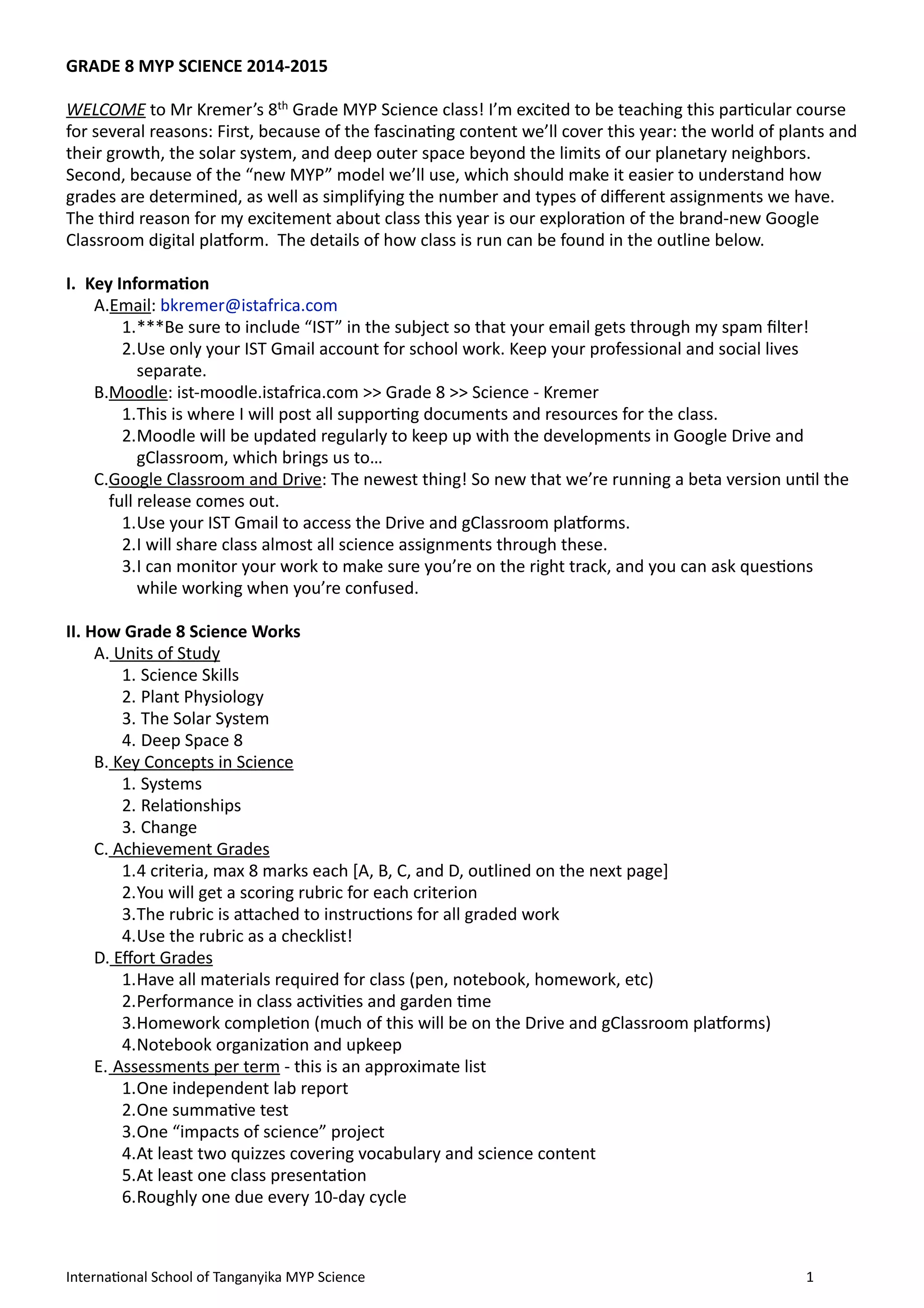 Grade 8 MYP Science Syllabus 2014-2015 | PDF