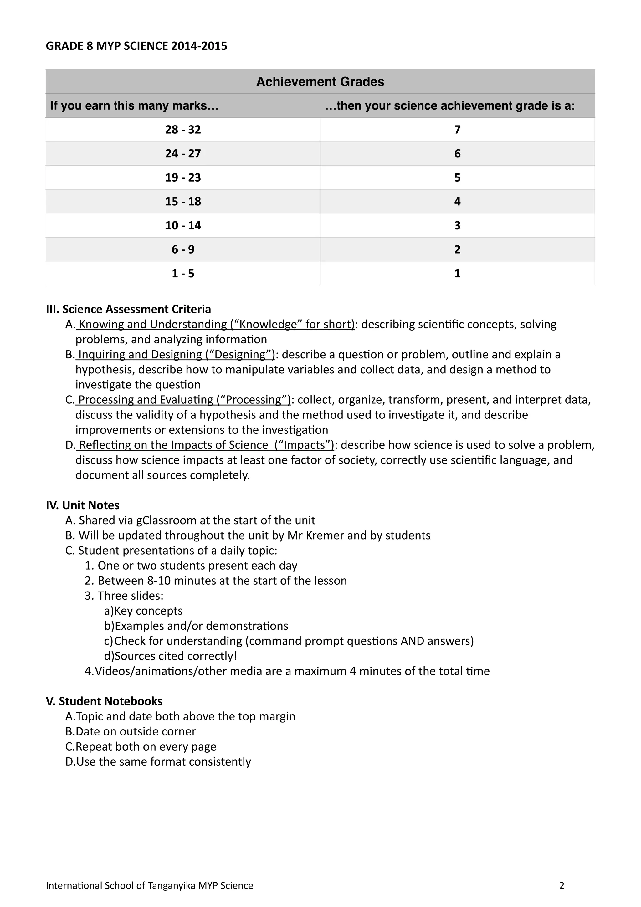 Grade 8 MYP Science Syllabus 2014-2015 | PDF