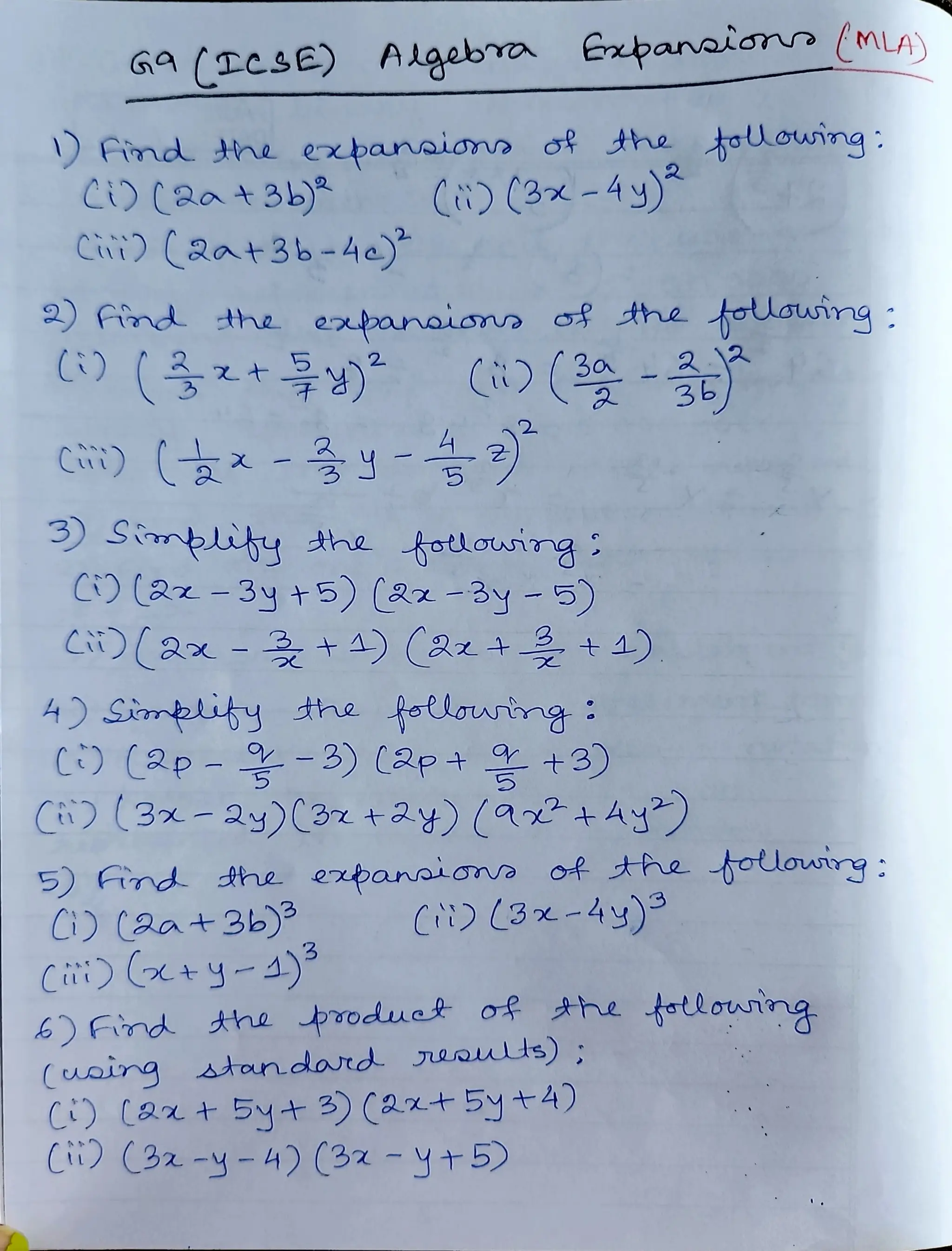 Grade 9 - ICSE - Algebra Expansion - Worksheet (MLA) | PDF