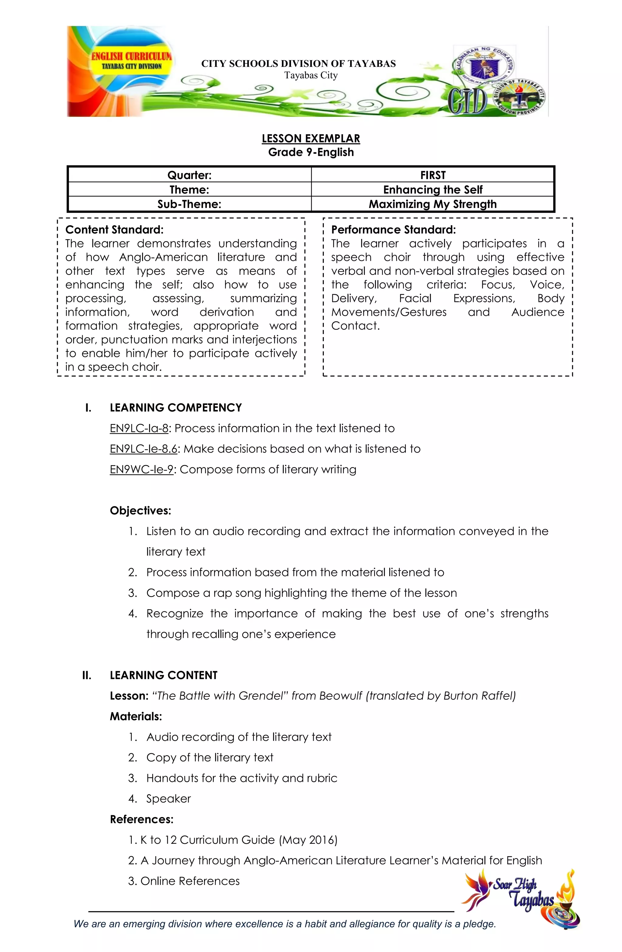 G9 english lesson exemplar 1st quarter | PDF