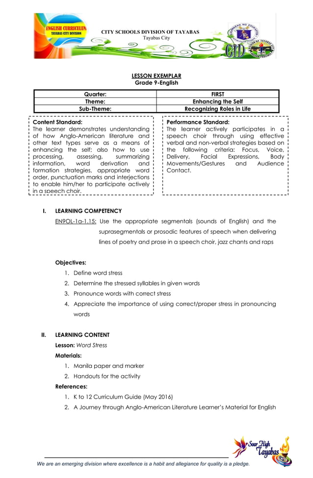 G9 english lesson exemplar 1st quarter | PDF