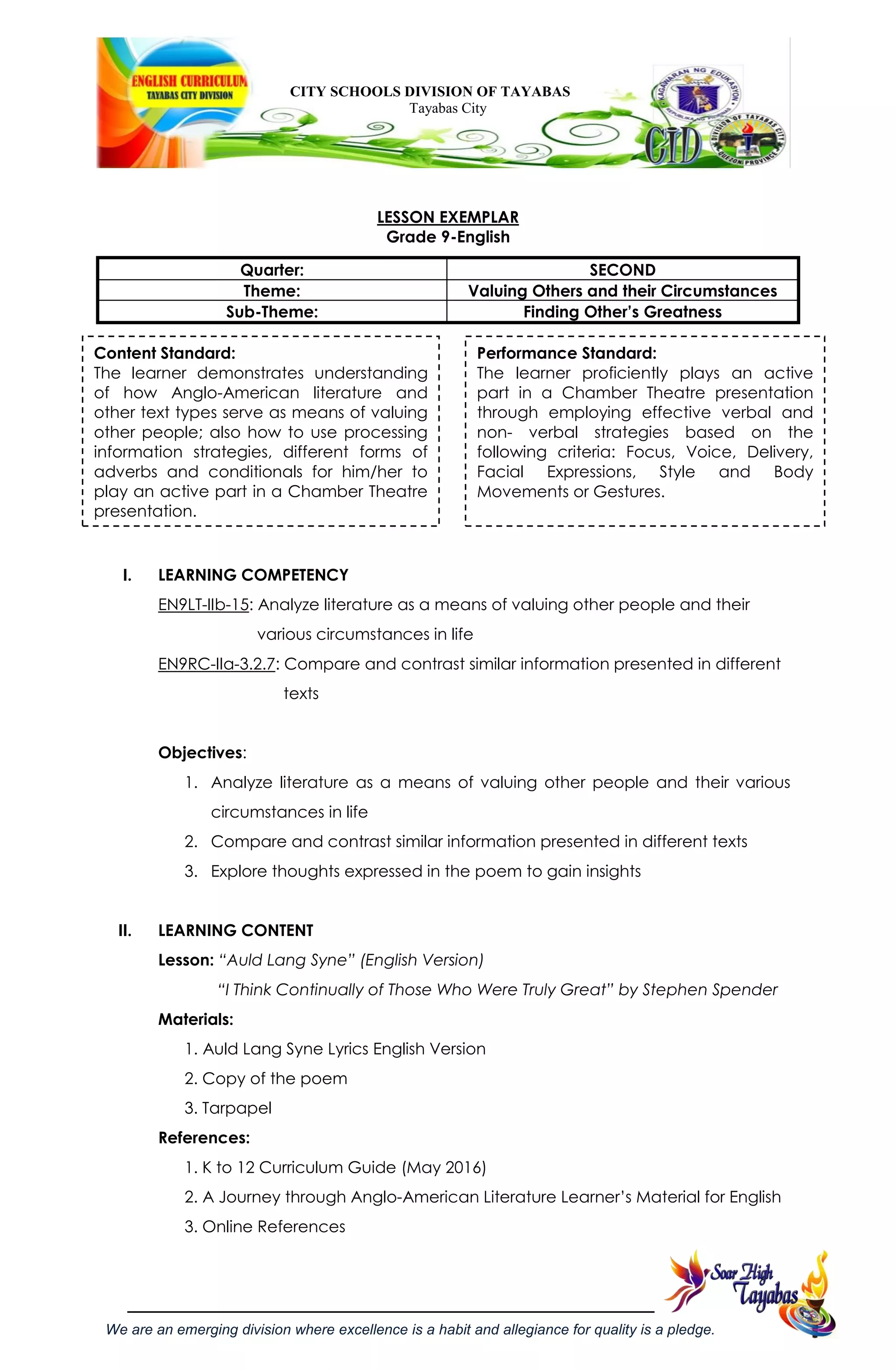 Grade 9 english lesson exemplar 2nd quarter | PDF