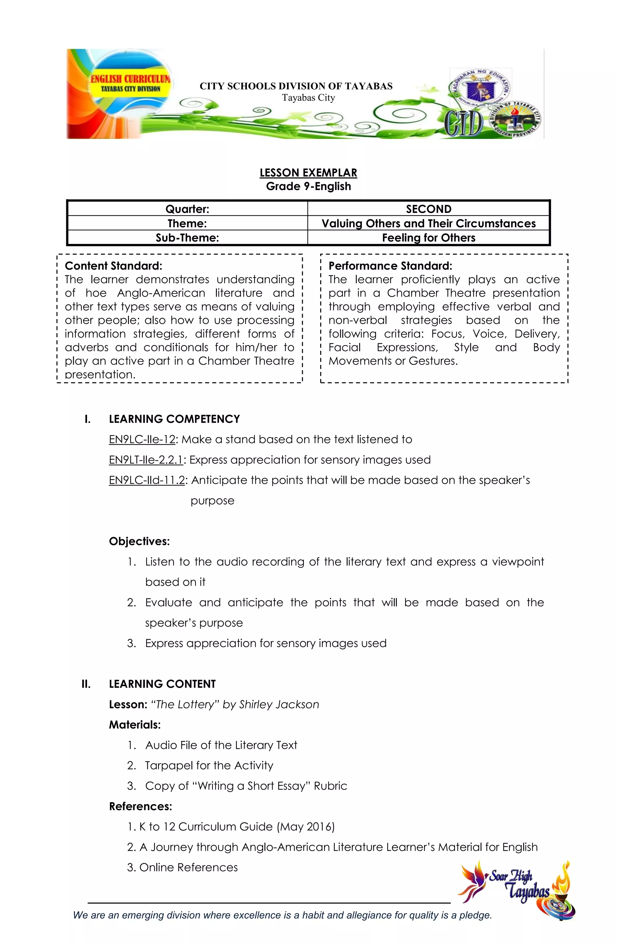 Grade 9 english lesson exemplar 2nd quarter | PDF