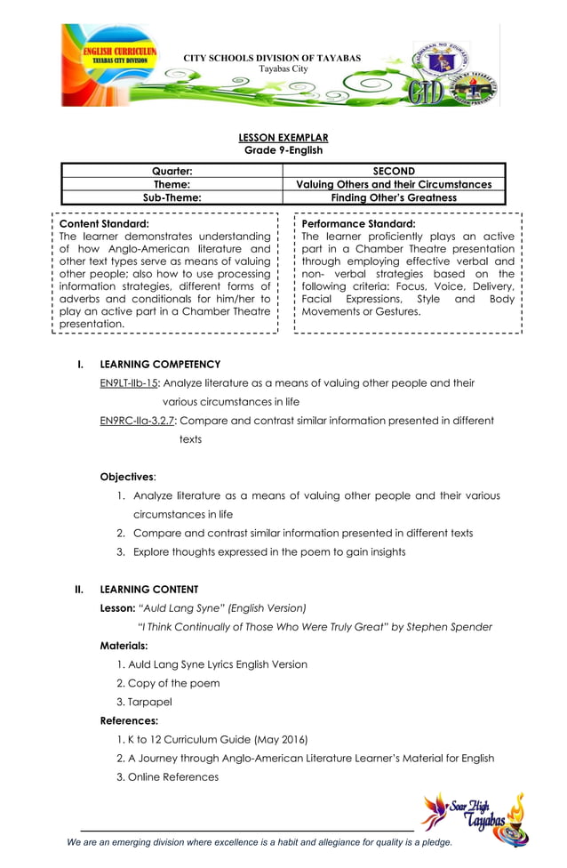 Grade 9 english lesson exemplar 2nd quarter | PDF