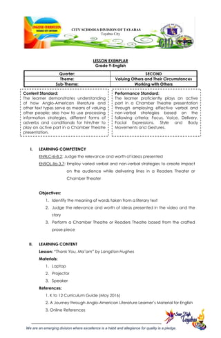 Grade 9 english lesson exemplar 2nd quarter | PDF