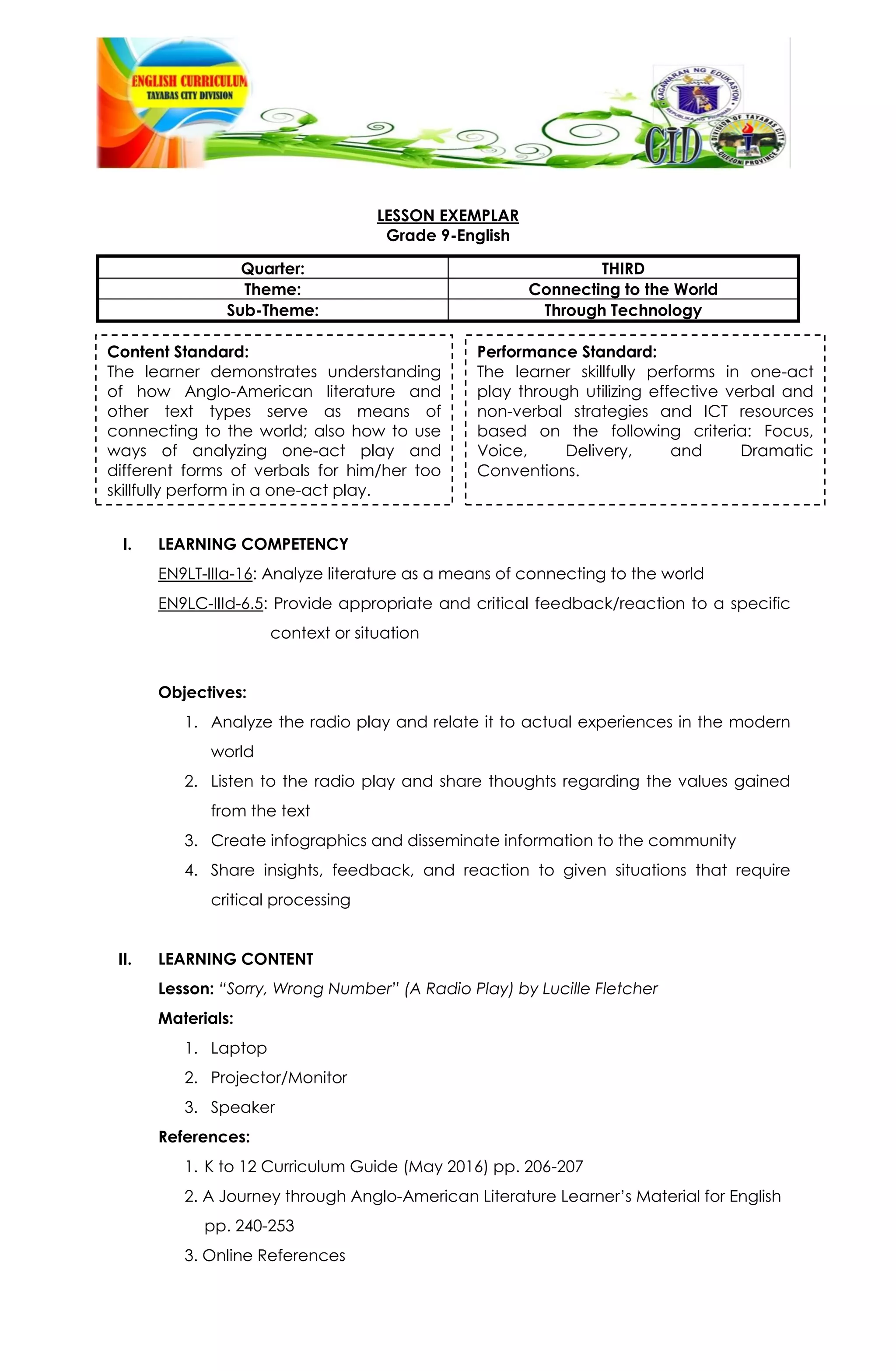 G9 english lesson exemplar 3rd quarter | PDF