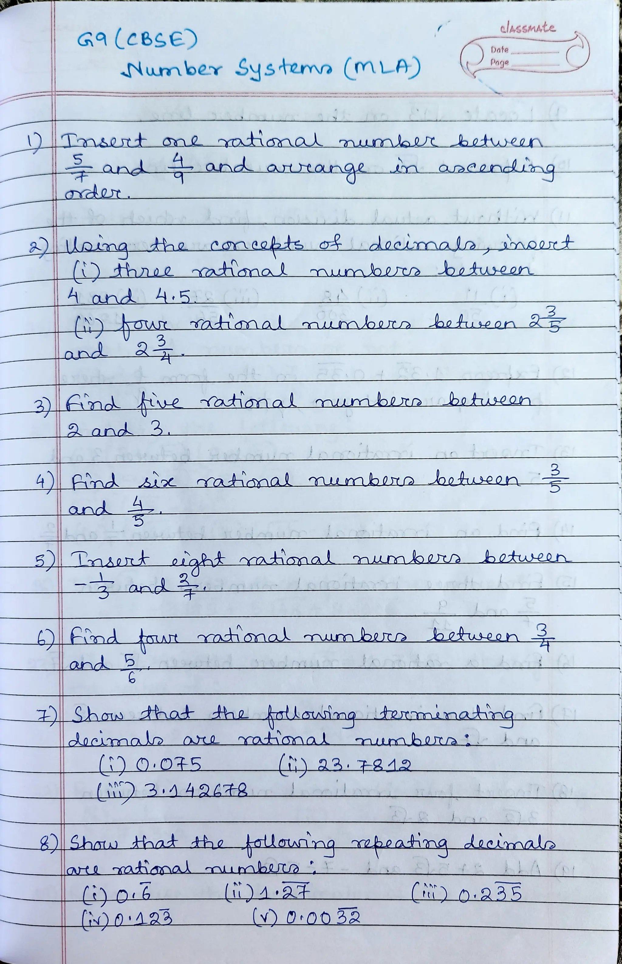 CBSE Grade 9 Mathematics Number Systems Worksheet (MLA) | PDF