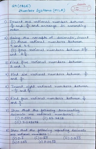 CBSE Grade 9 Mathematics Number Systems Worksheet (MLA) | PDF