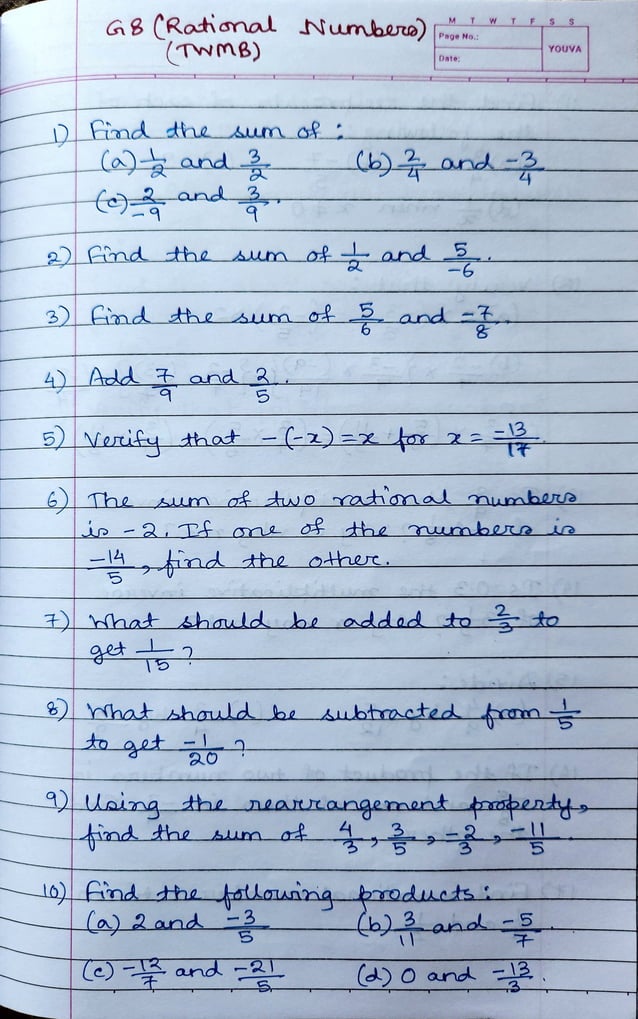 CBSE - Grade 8 - Mathematics - Rational Numbers - Worksheet (TWMB) | PDF