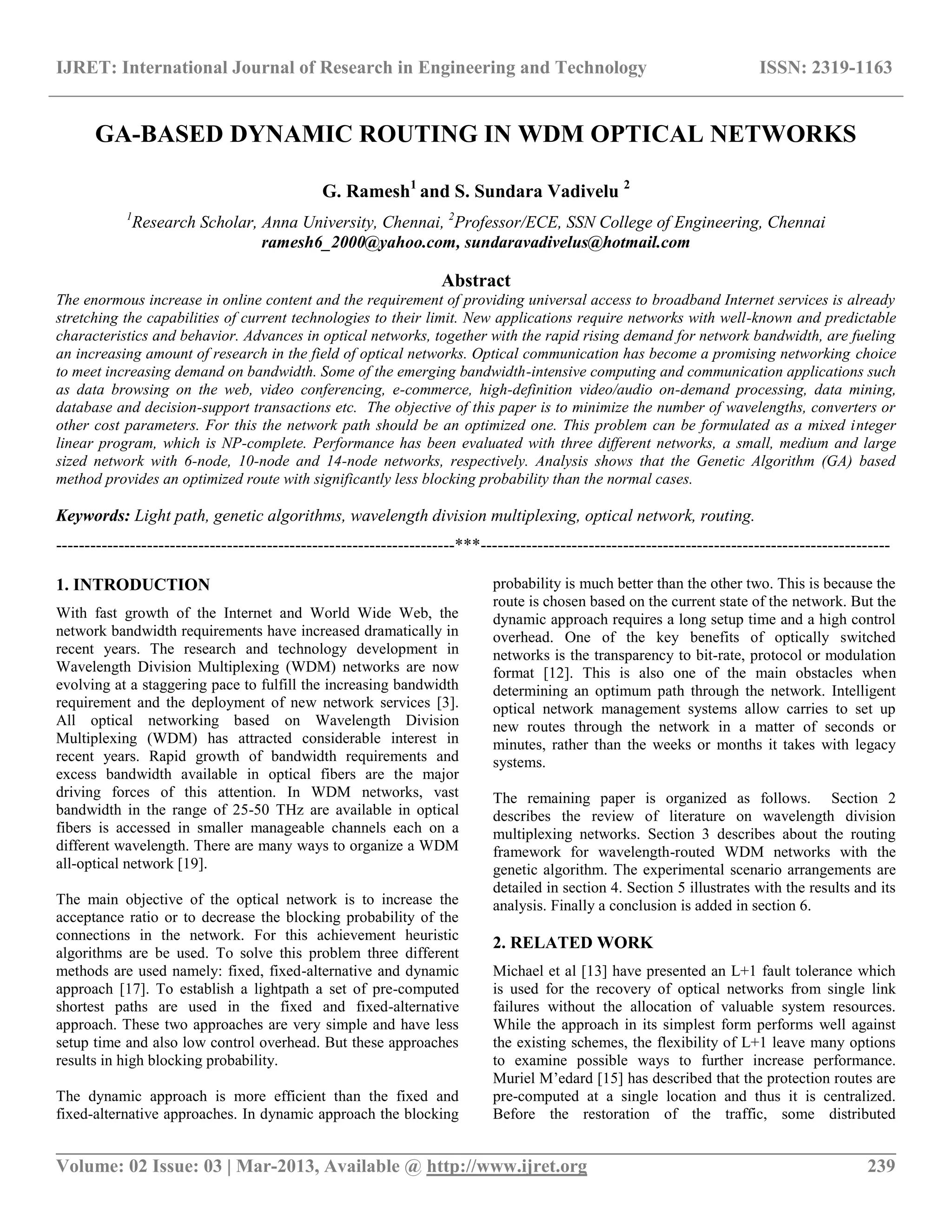 Ga based dynamic routing in wdm optical networks | PDF
