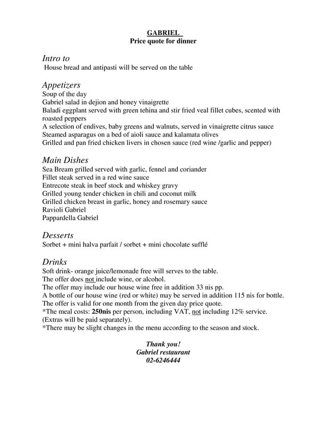 Gabriel events menu evening 250 nis may12 | PDF