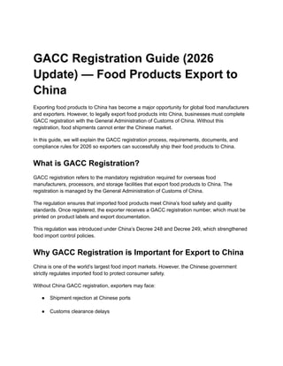 GACC Registration Guide (2026 Update) — Food Products Export to China | PDF