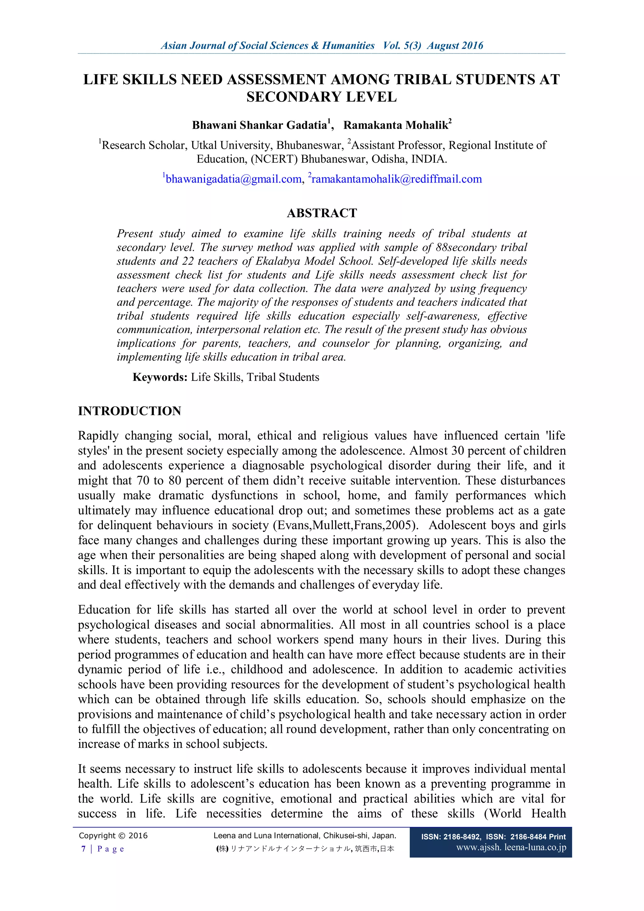 Life skills need assessment among tribal students at secondary level | PDF