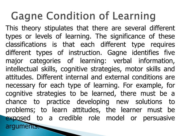 Gagne condition of learning | PPTX | Educational Assessment | Education