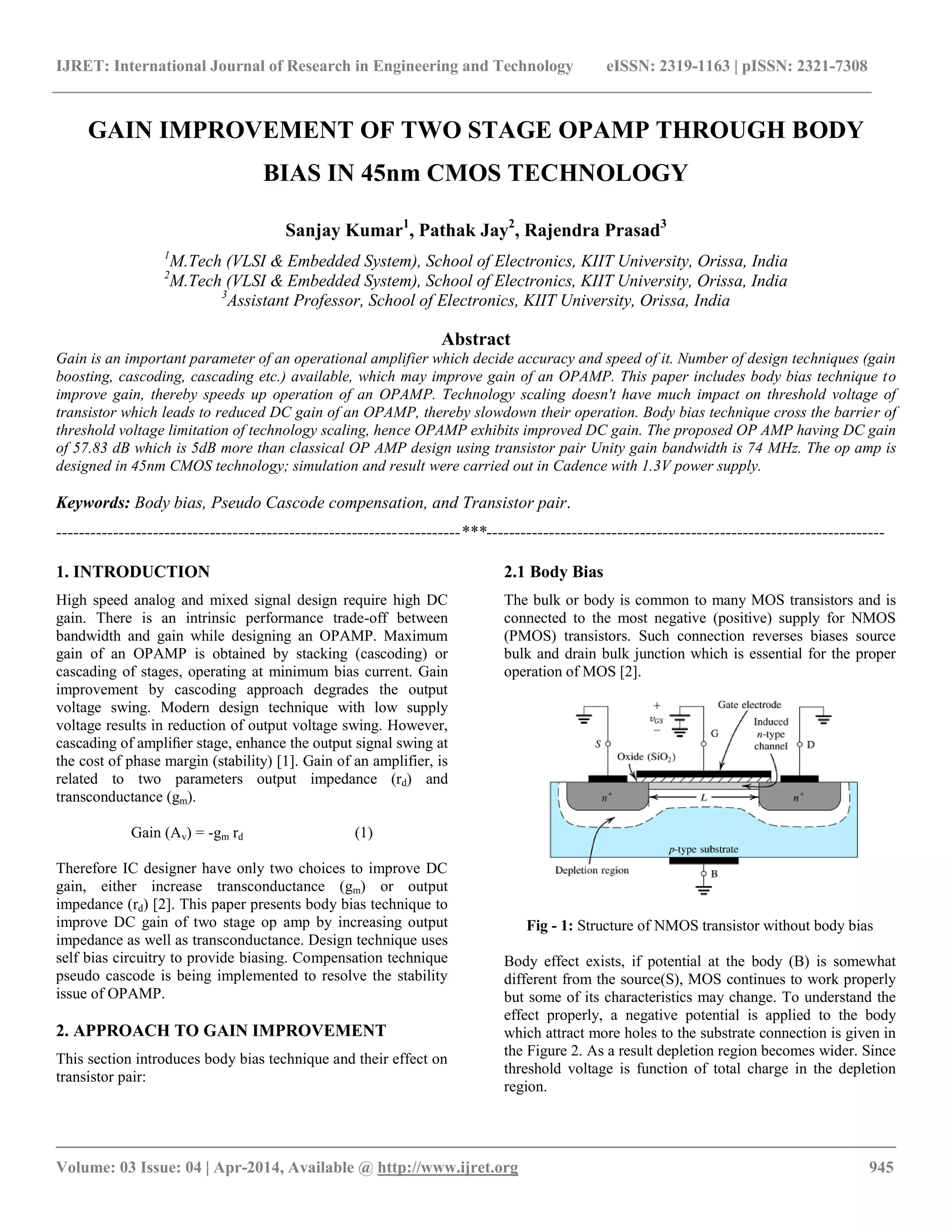 Gain improvement of two stage opamp through body bias in 45nm cmos ...