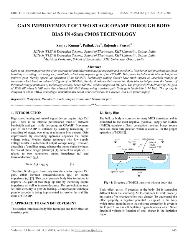 Gain improvement of two stage opamp through body bias in 45nm cmos ...