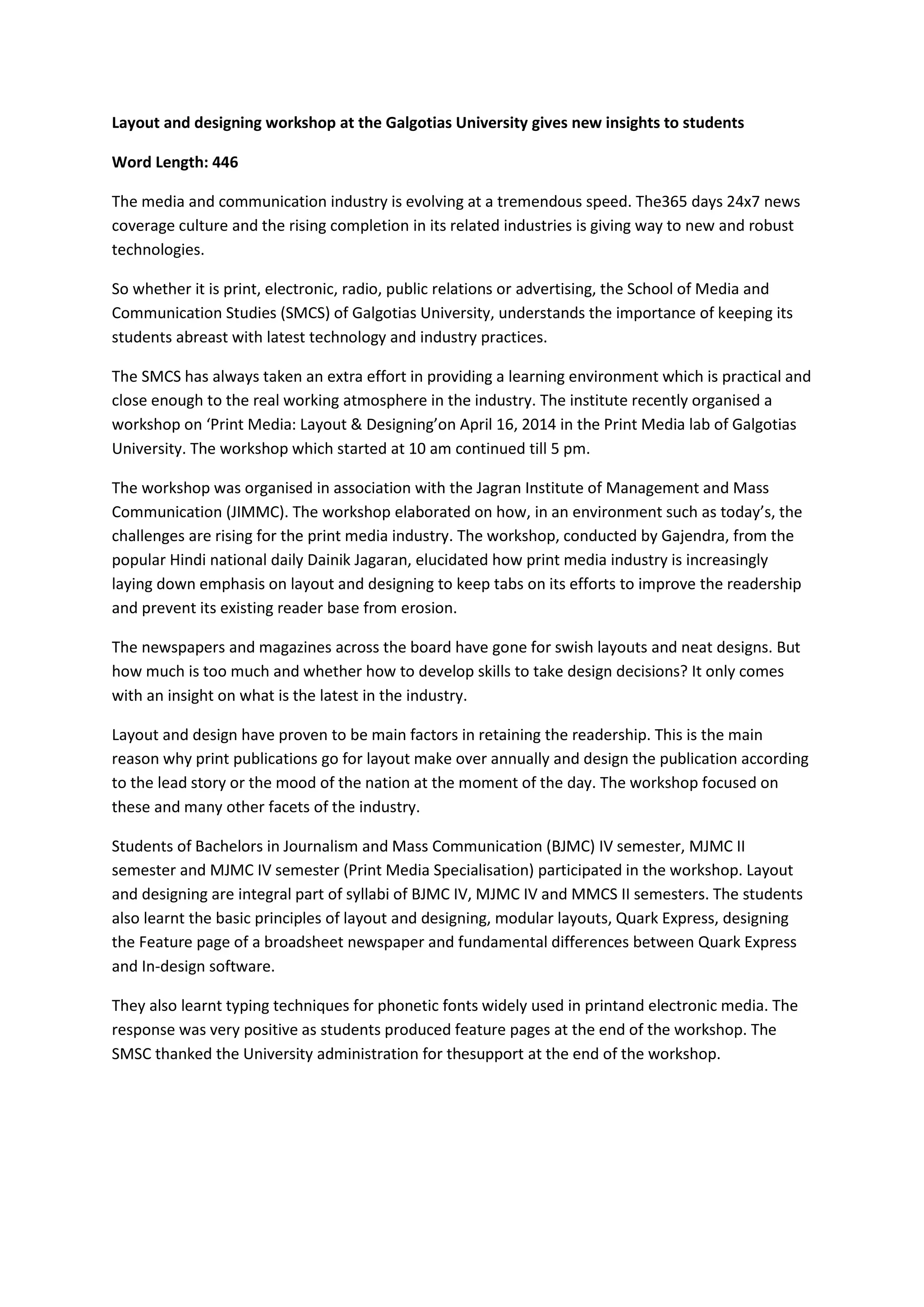 Layout and designing workshop at the Galgotias University gives new ...