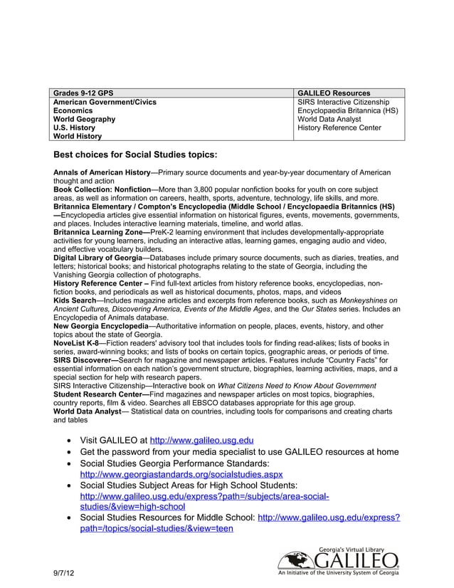 GALILEO and Common Core Standards - Social Studies (Handout) | DOC ...