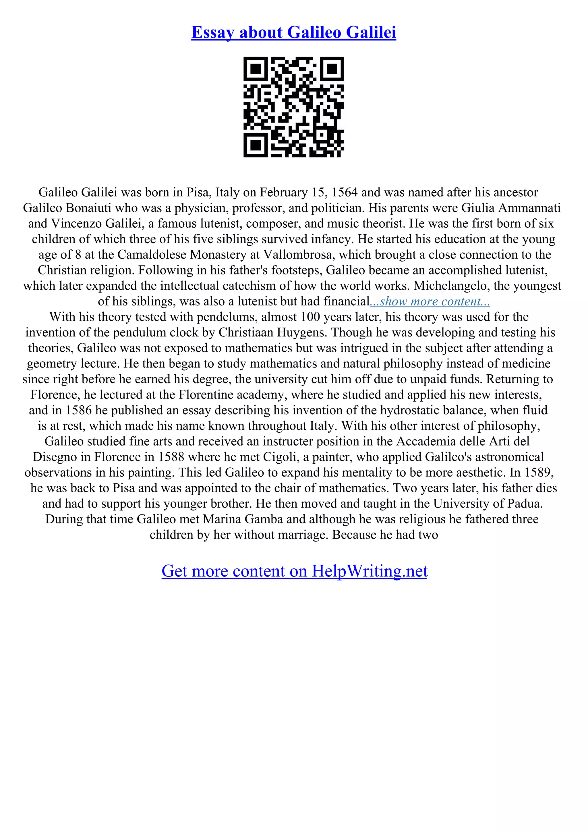 Galileo Galilei Essay | PDF | Physics | Science