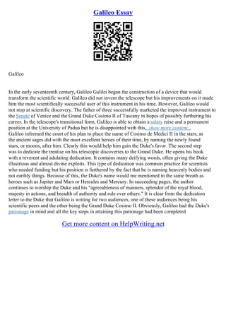 Galileo Galilei Essay | PDF | Physics | Science