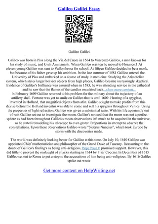 Galileo Galilei Essay | PDF | Physics | Science
