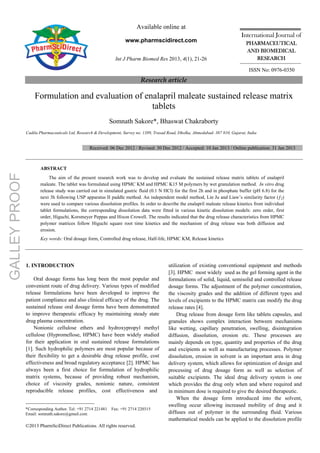 Formulation and Evaluation of Enalapril Maleate SR Matrix Tablets | PDF