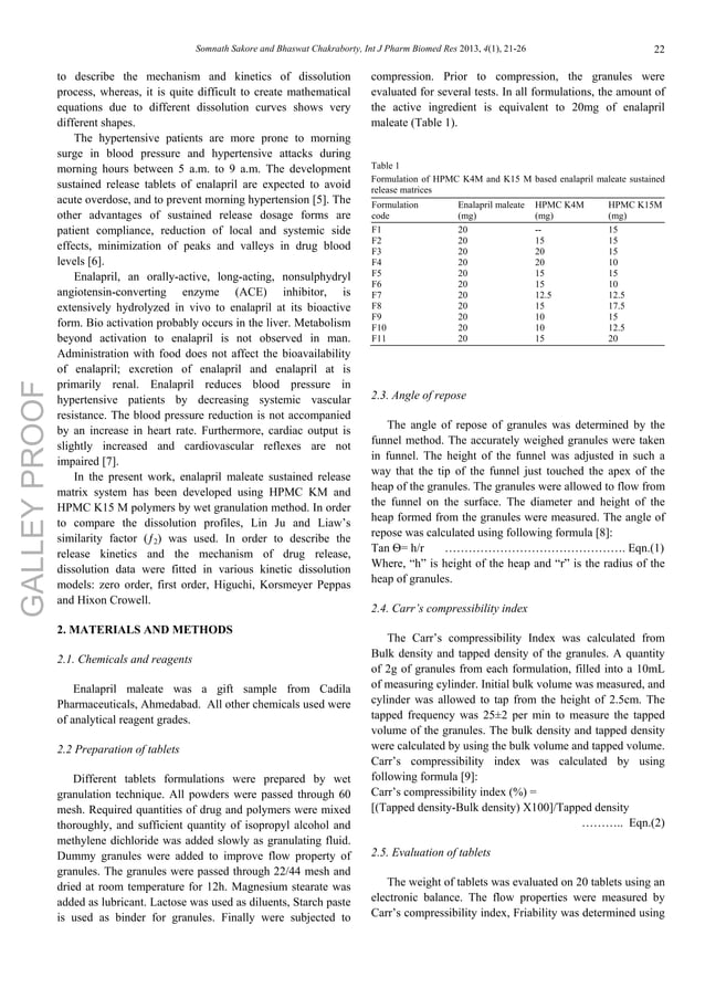 Formulation And Evaluation Of Enalapril Maleate Sr Matrix Tablets Pdf