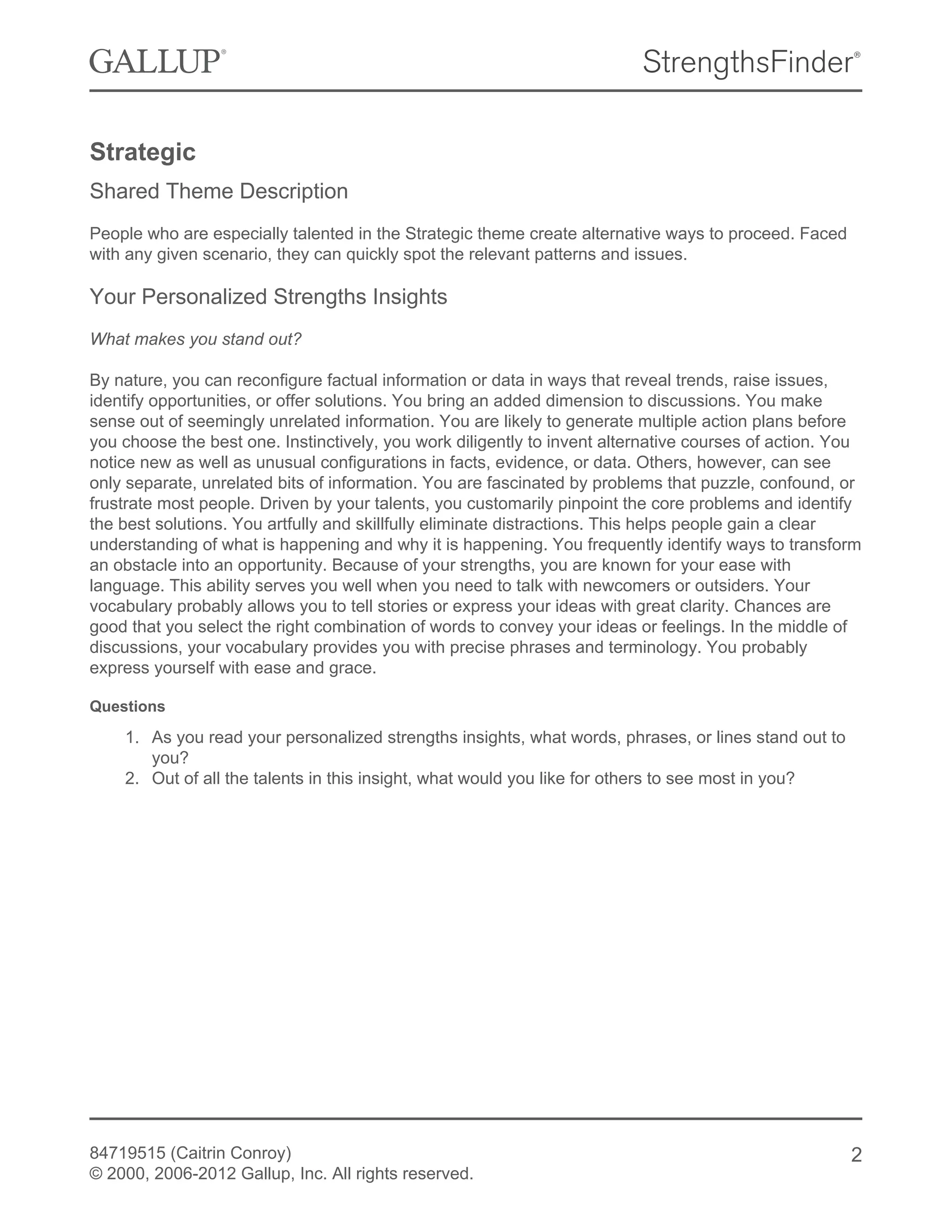 Caitrin's Gallup Strength Finder Assessment | PDF | Family and ...