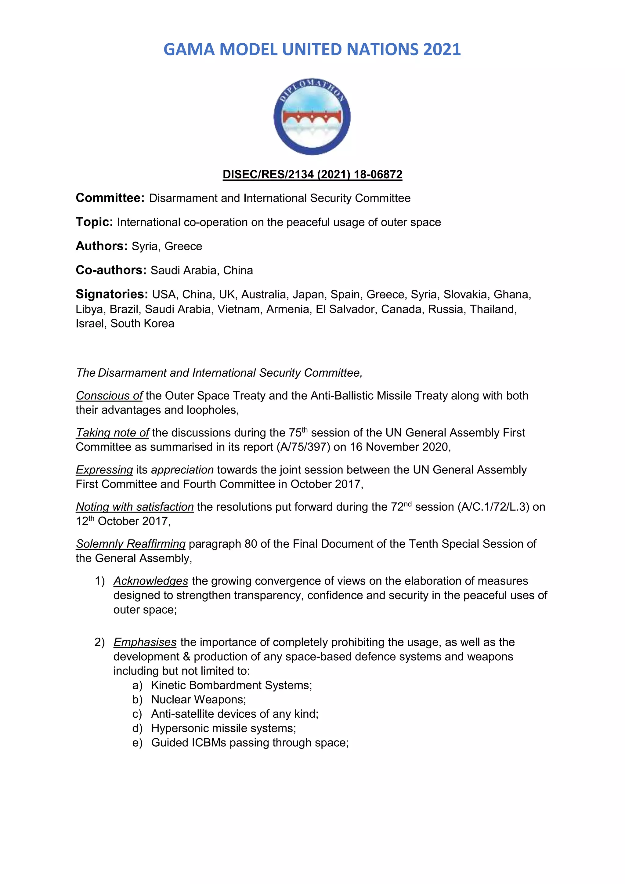 GAMA MUN DISEC RESOLUTION | DOCX