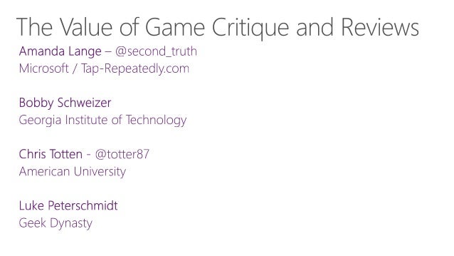 Game Critique and Game Reviews