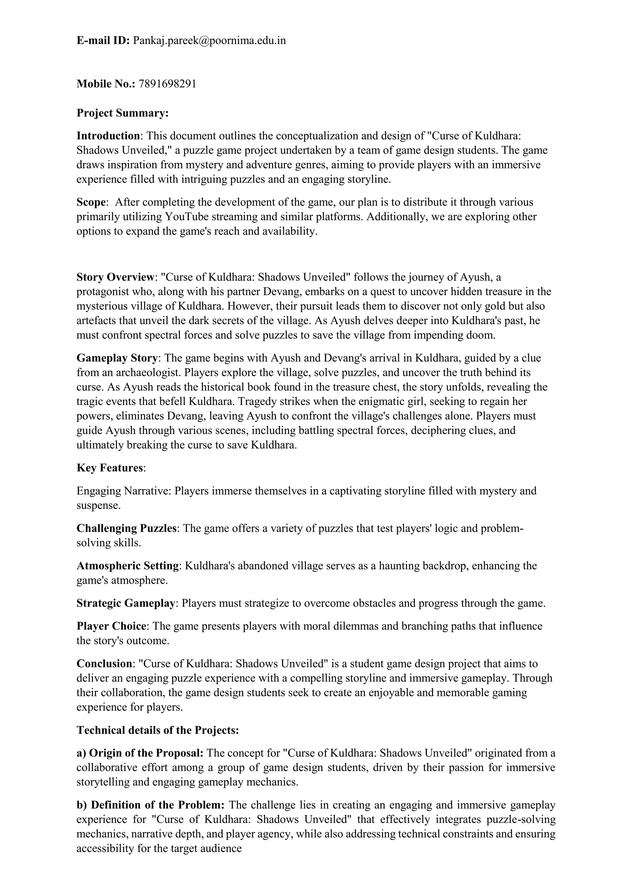Game Design Project 2024 "Curse of Kuldhara | DOCX