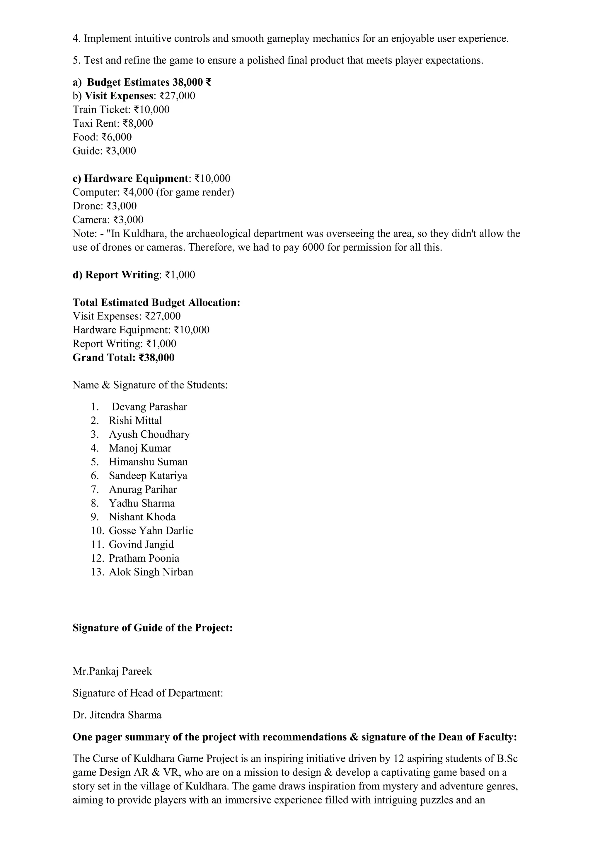 Game Design Project 2024 "Curse of Kuldhara | DOCX