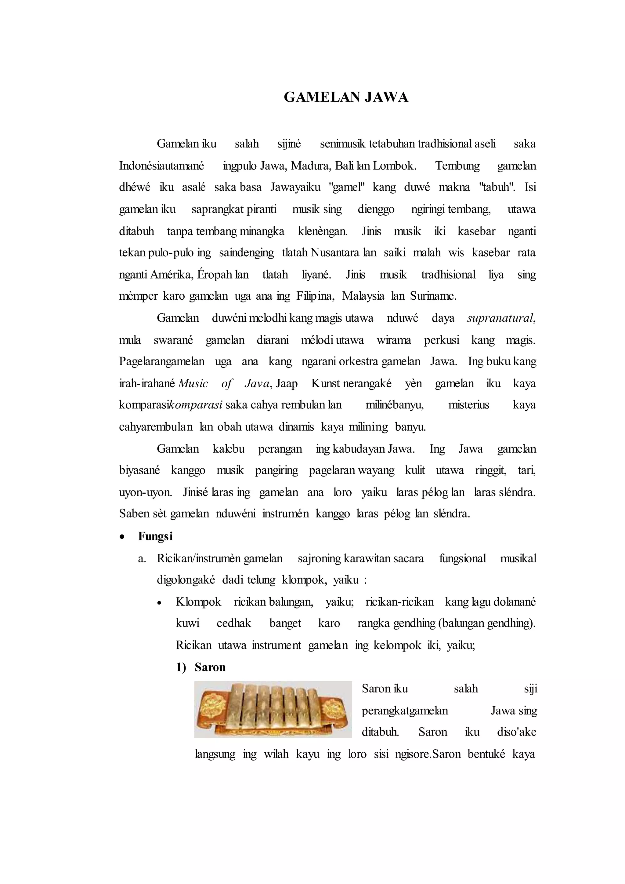 gamelan dan busana adat jawa (bahasa jawa) | DOCX