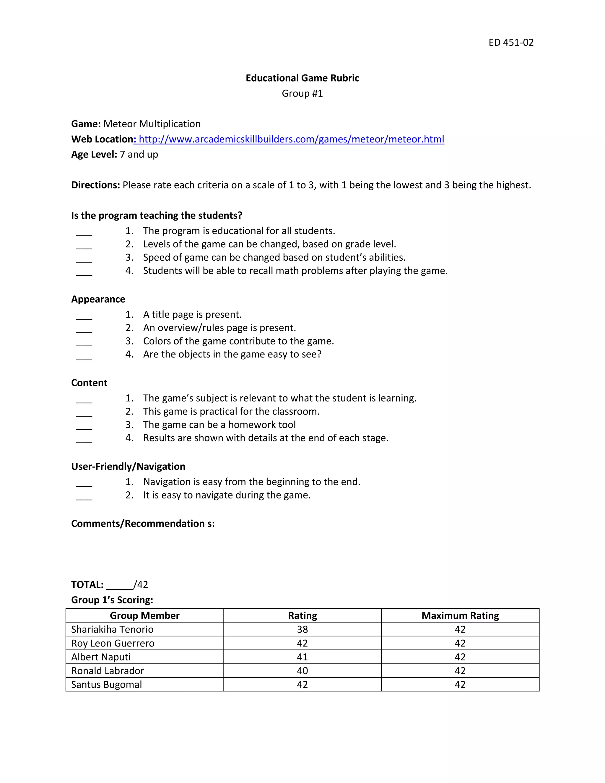 Game Rubric Template | DOCX | Educational Video Games | Video Game Genres