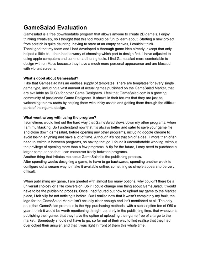 Game Salad Evaluation | PDF