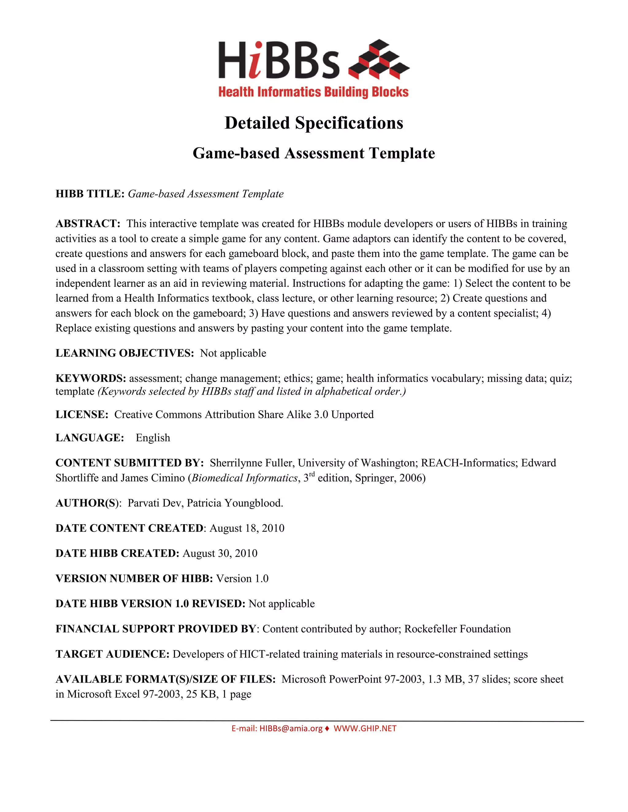 Game-based Assessment Template detailed specification | PDF