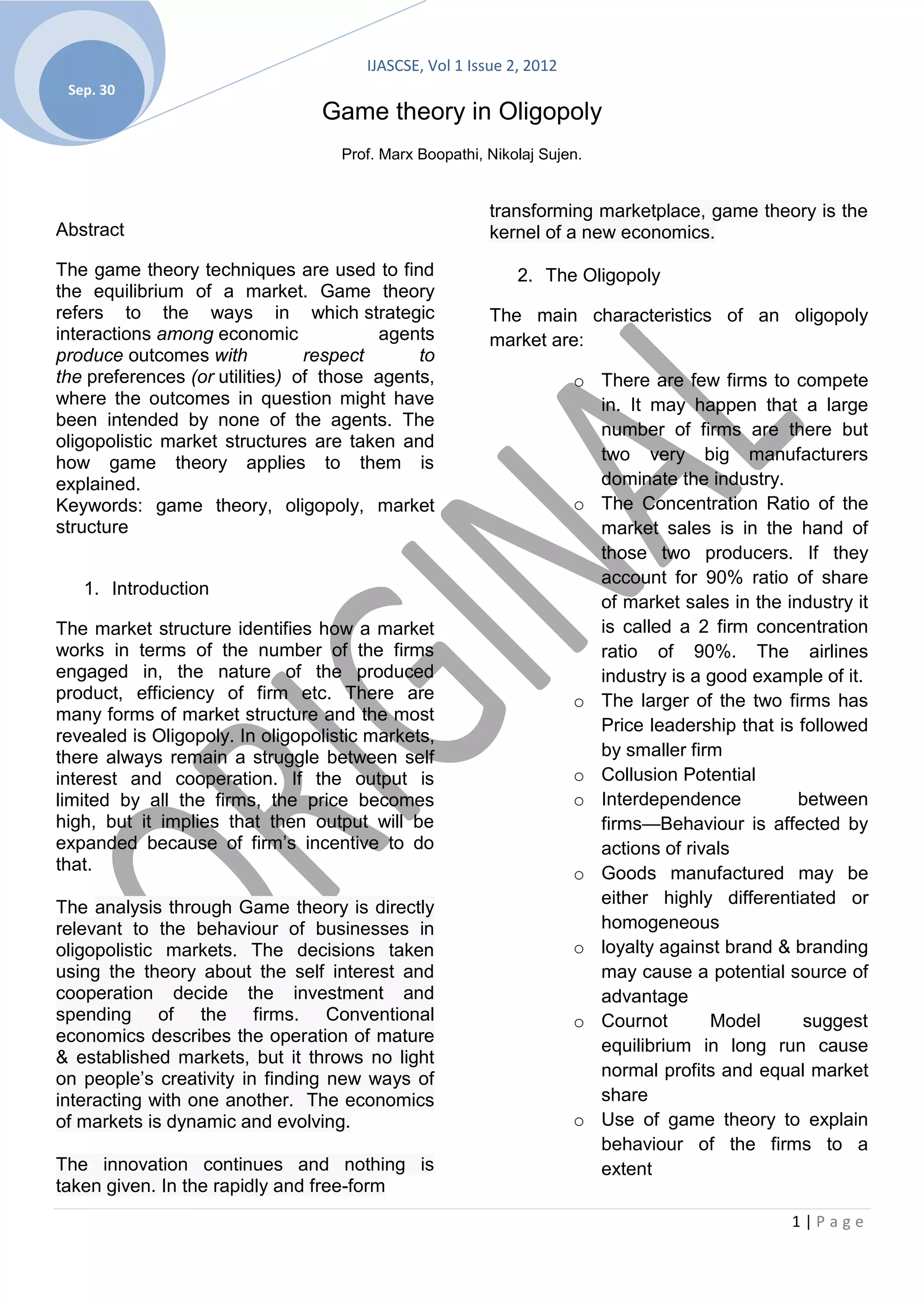 Game theory in Oligopoly | PDF
