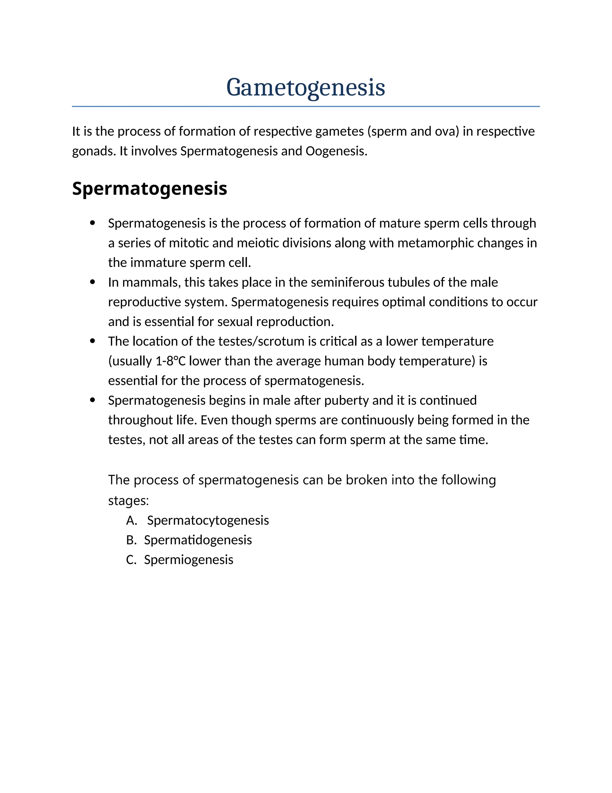 Gametogenesis - Spermatogenesis, Oogenesis - Developmental Biology.docx