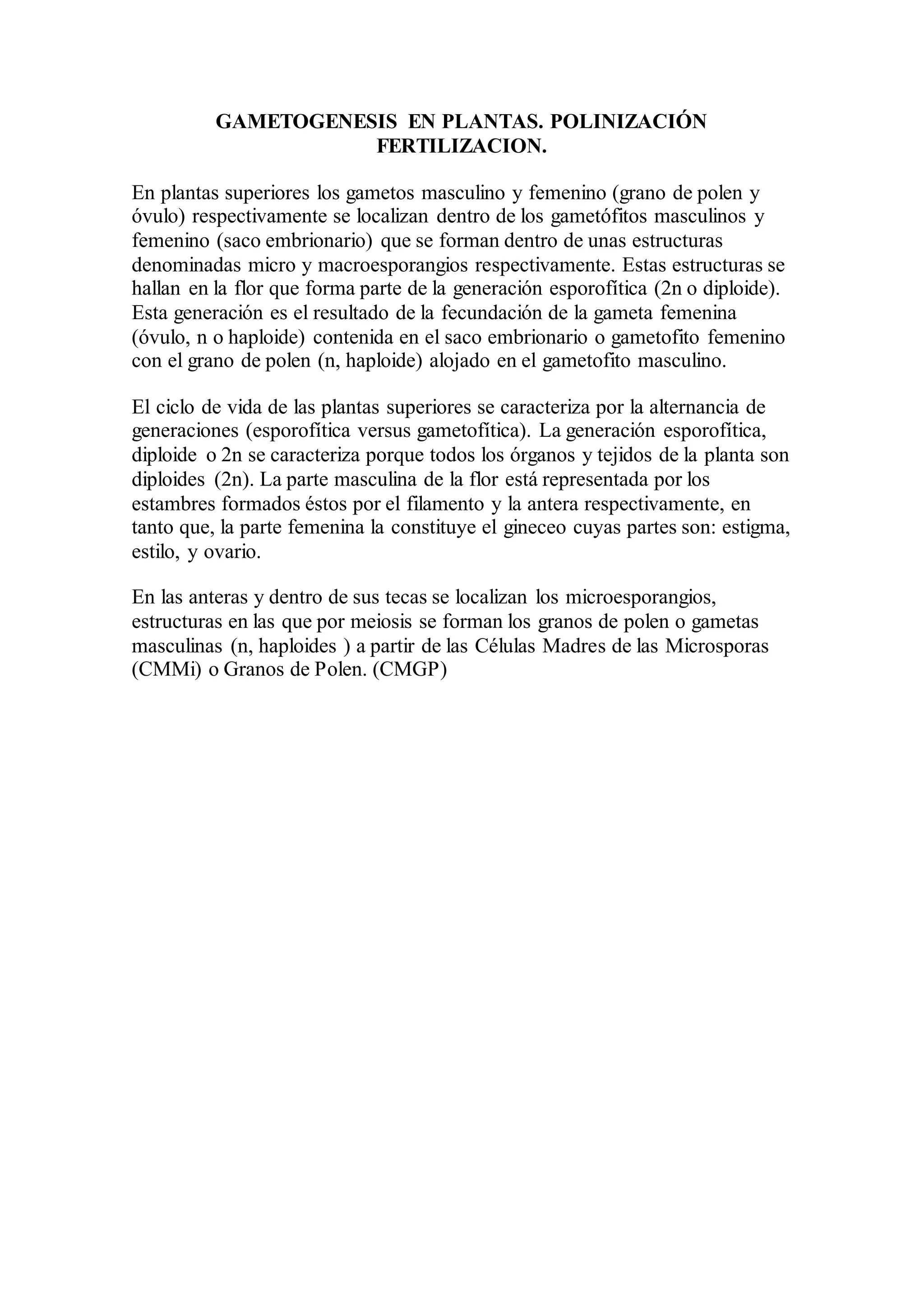 Gametogenesis en plantas | DOCX