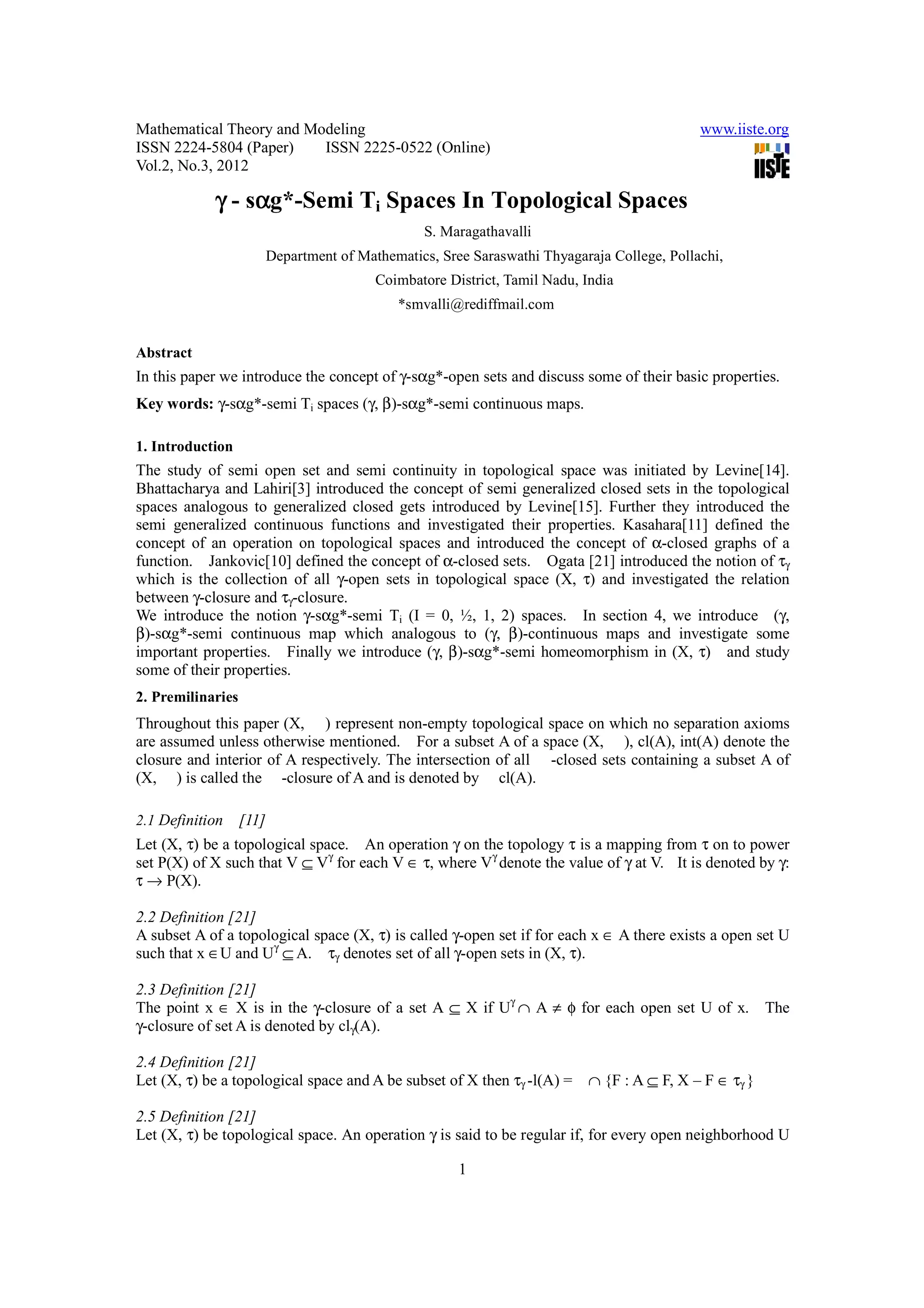 Gamma sag semi ti spaces in topological spaces | PDF
