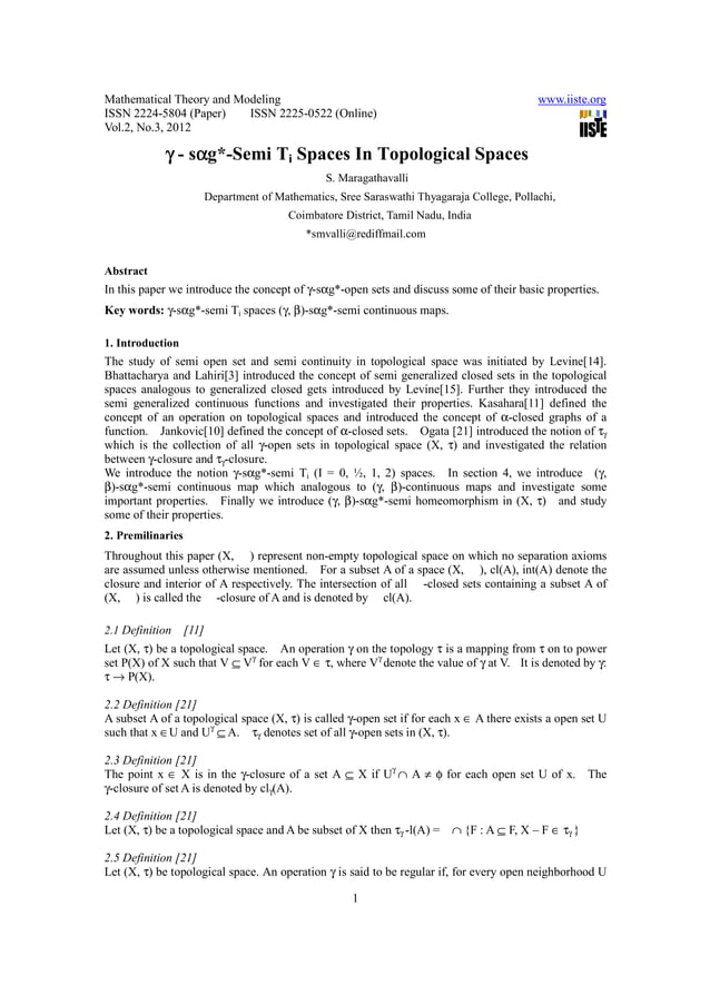 Gamma sag semi ti spaces in topological spaces | PDF