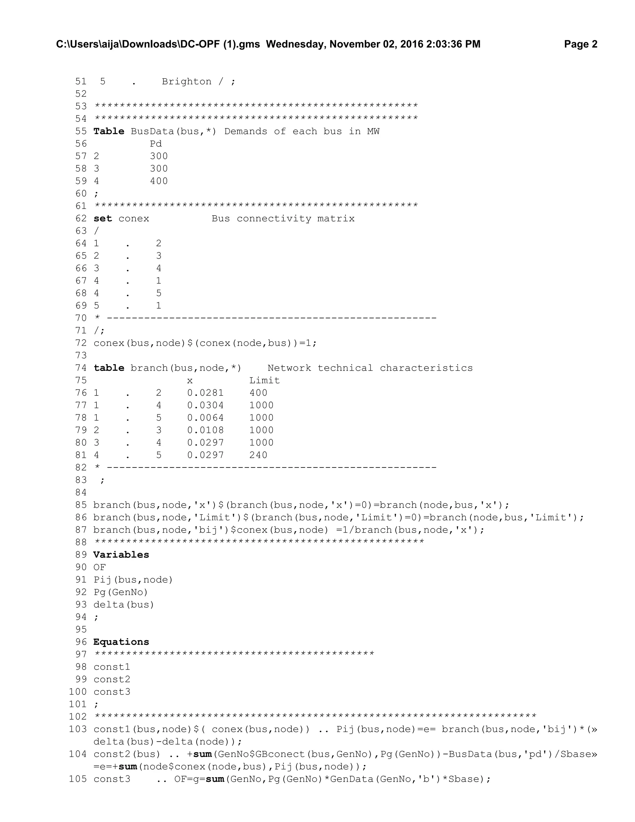 Gams code for dc opf (1) | PDF