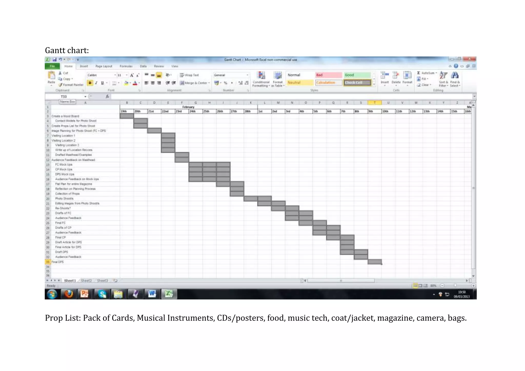 Gannt chart and props list | DOCX