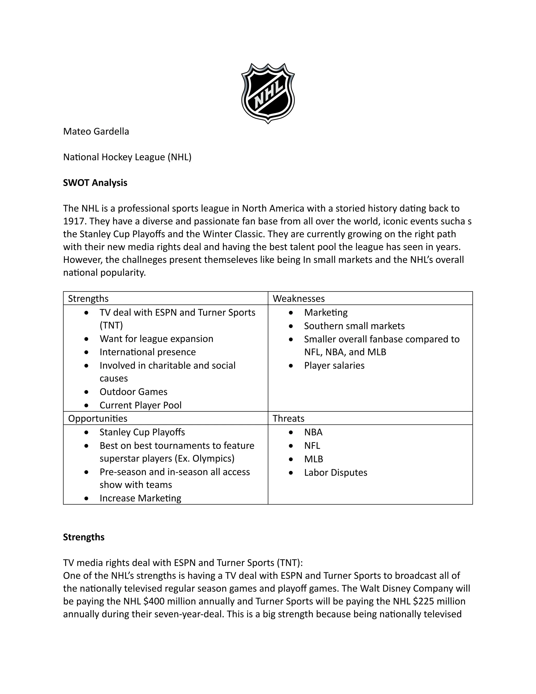 Gardella_SWOT_NHL-2.pdf Sports Business Models | PDF