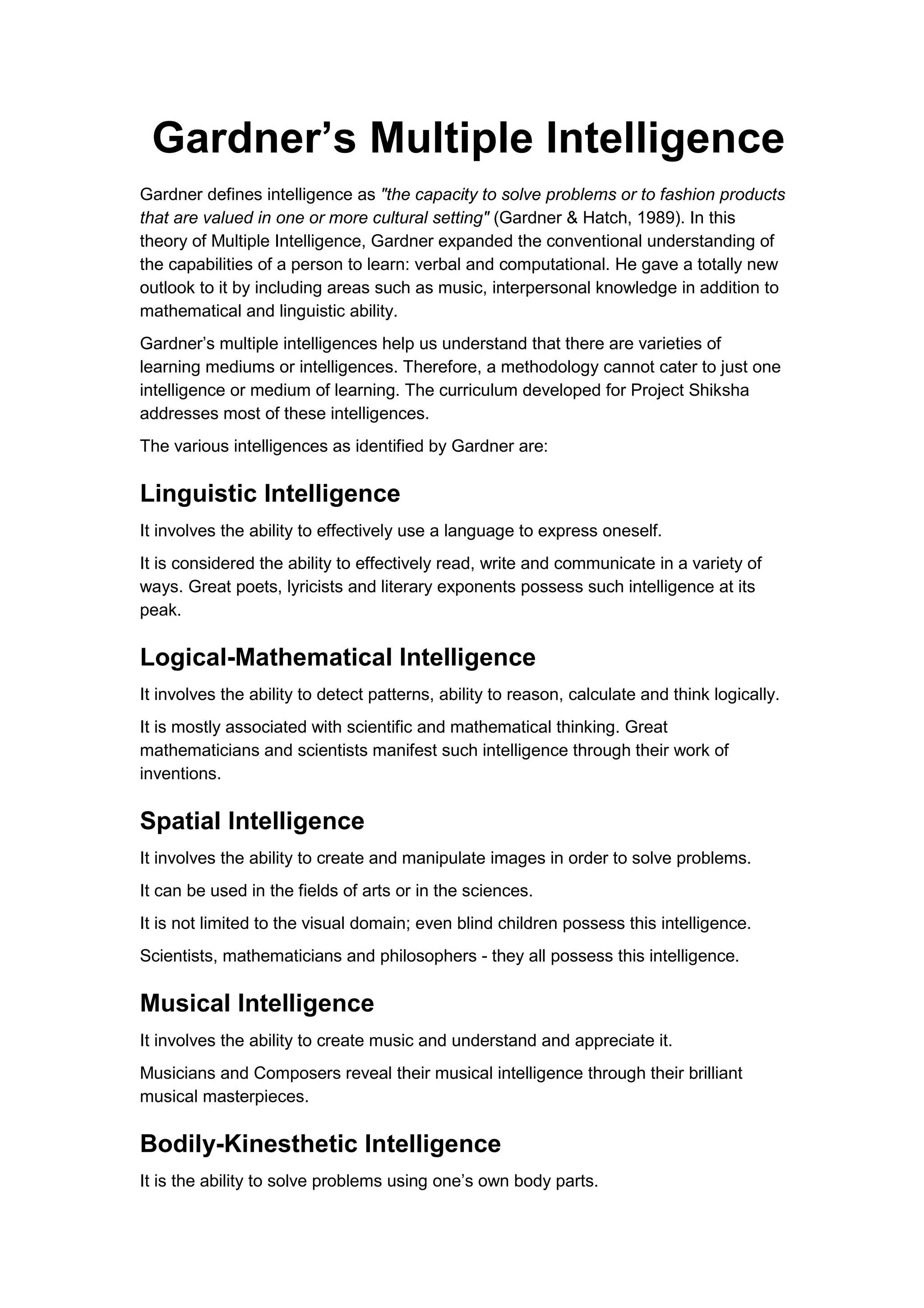 Gardners Multiple Intelligence | PDF